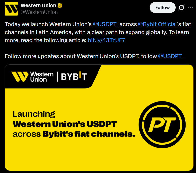 Bybit joins Western Union’s new USDPT network as stablecoin expands ...
