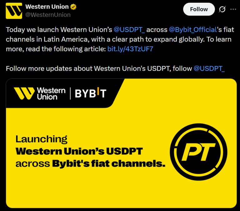 Bybit joins Western Union’s new USDPT network as stablecoin expands ...