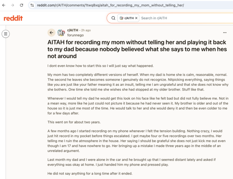 She secretly recorded her mom being mean to her to show her dad, since ...