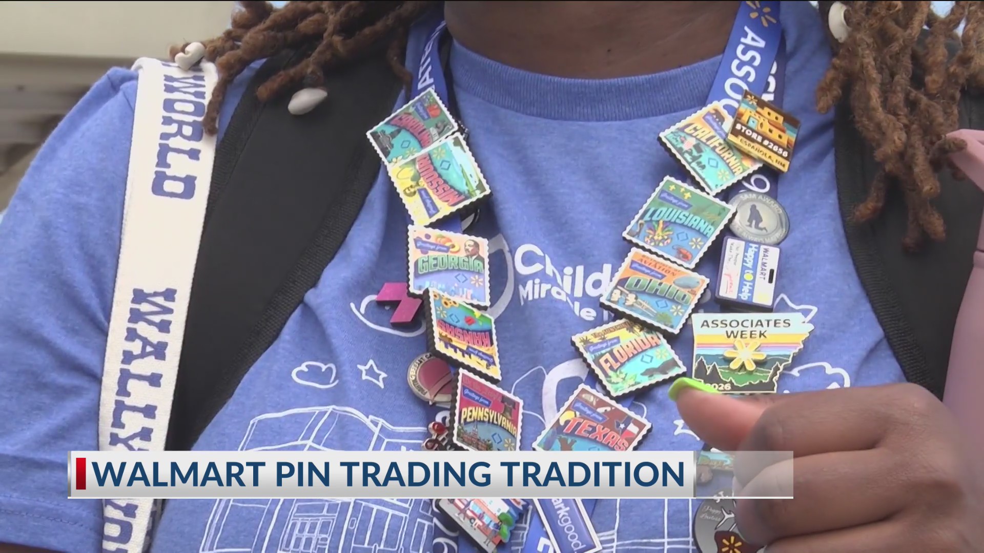 Walmart associates trade pins from around the world