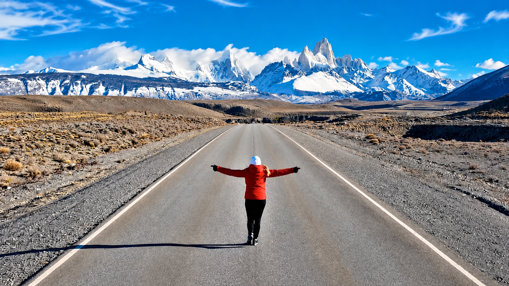 The road to El Chaltén leading toward Patagonia’s granite peaks