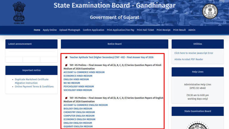 TAT HS 2026 final answer key out at sebexam.org; SEB Gujarat result ...
