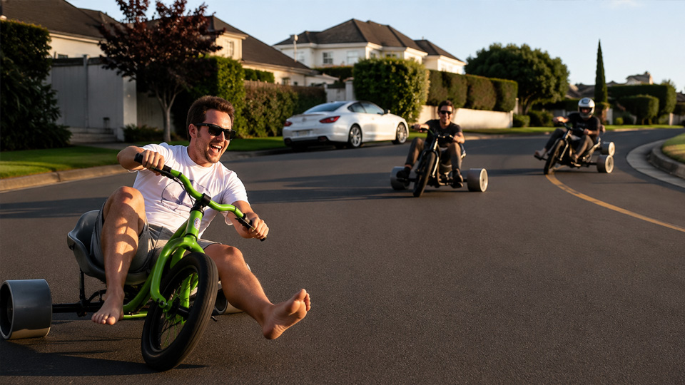 Drift trikes slide sideways through high speed turns