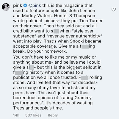 Pink calls Rolling Stone 'biggest sellout in history' after magazine ...
