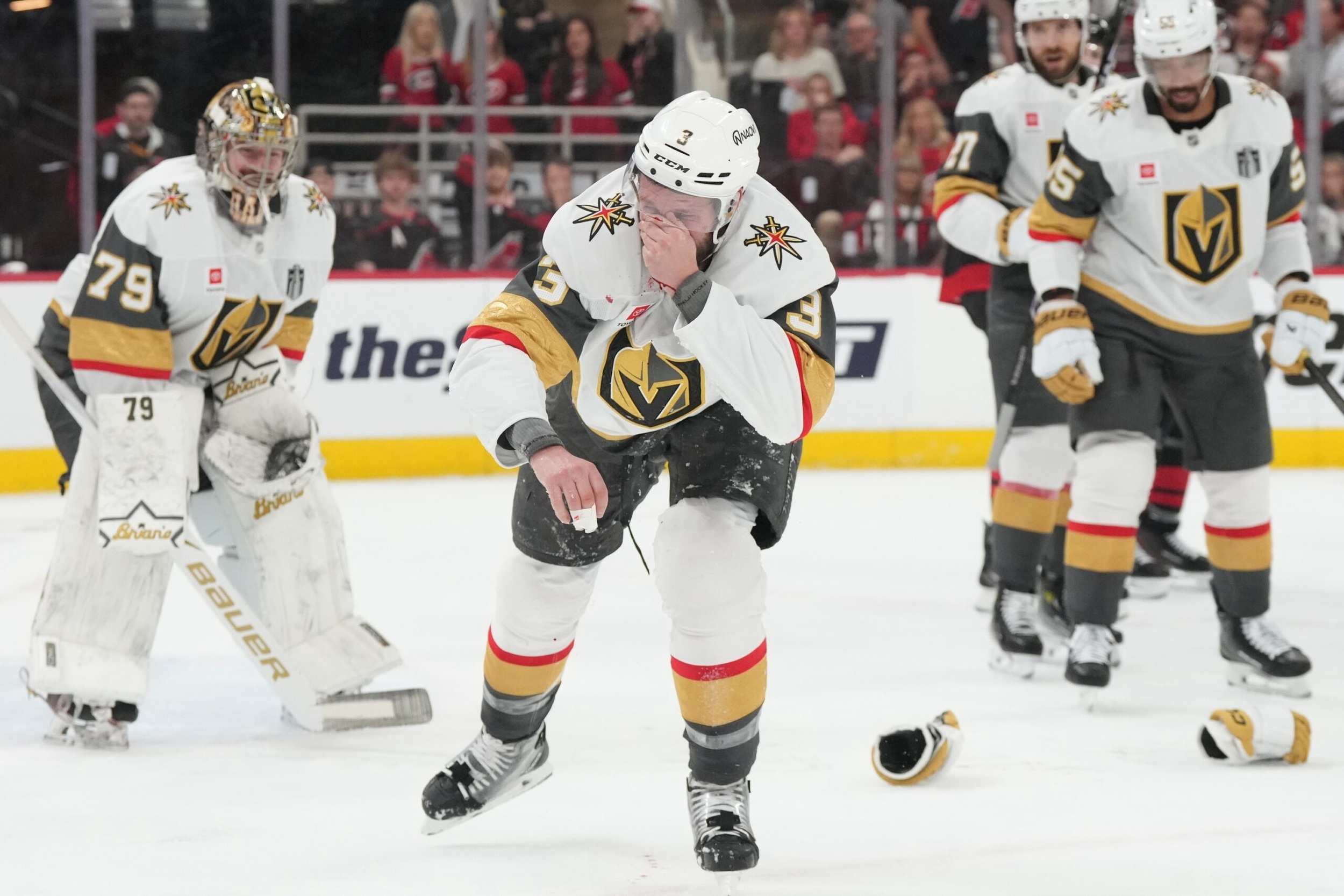 Golden Knights’ Brayden McNabb exits game after taking slap shot to face