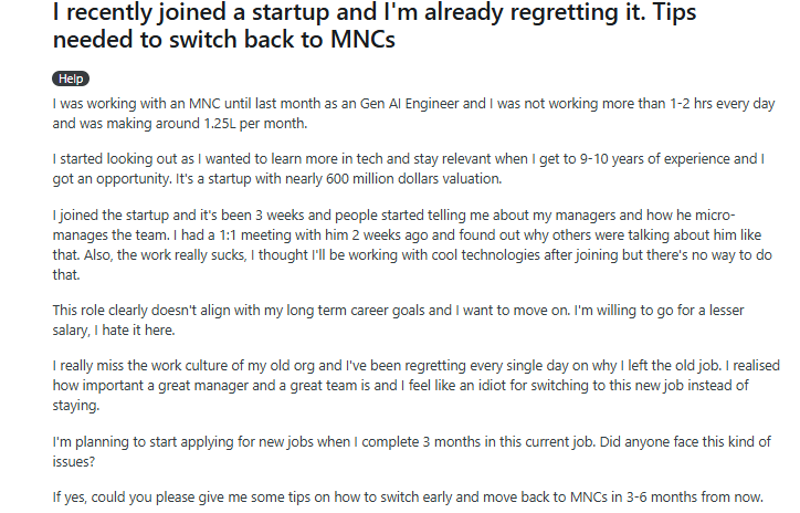 Techie regrets quitting MNC for startup, willing to accept pay cut to ...
