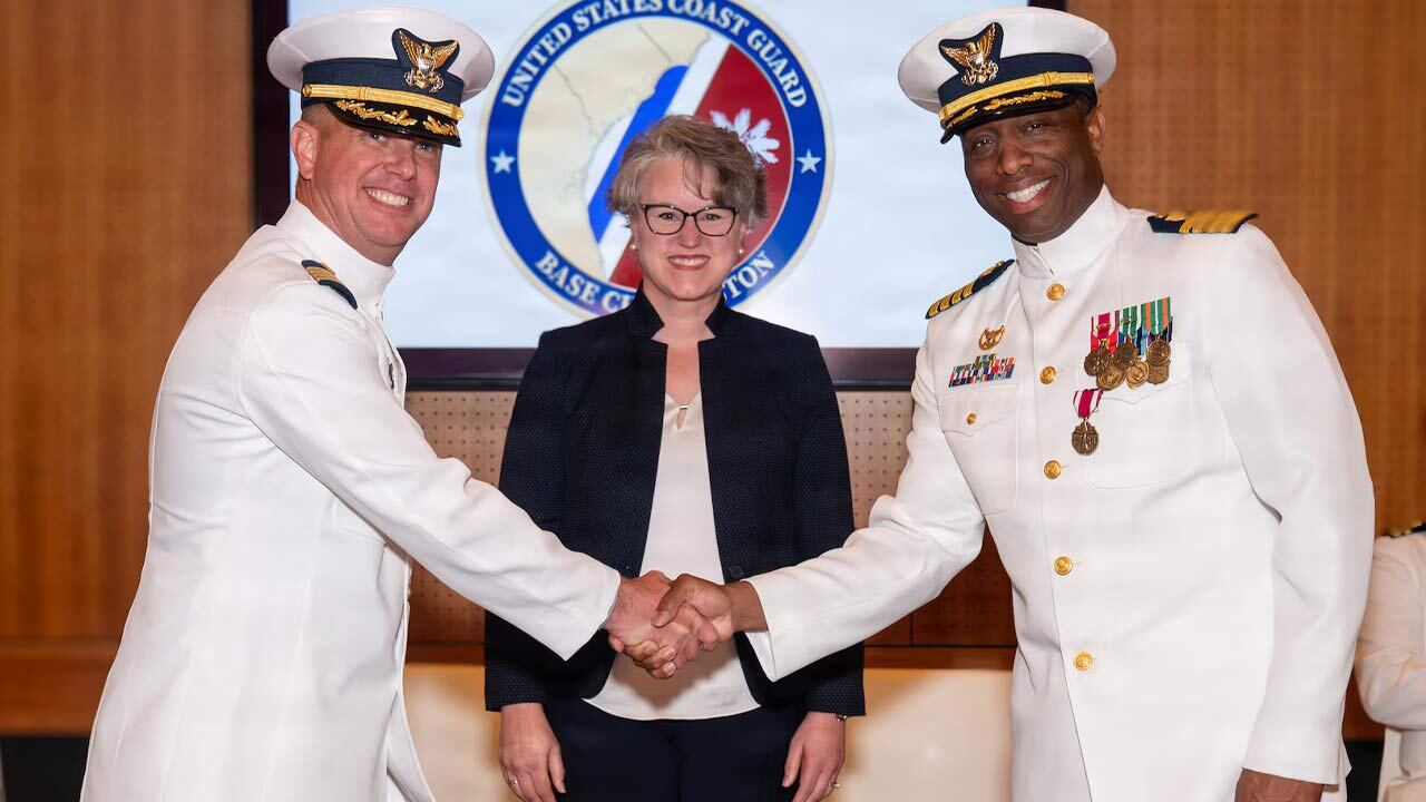 Crew of Coast Guard Base Charleston holds change of command ceremony