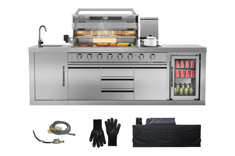 Amazon is selling an outdoor kitchen with a retractable roof, sink, and ...