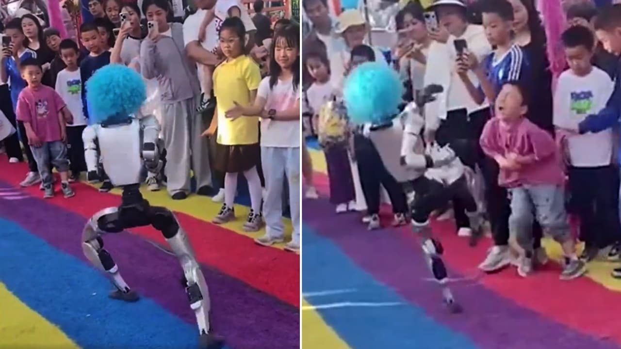 Viral video: Robot in clown wig kicks child during dance show, sparking ...