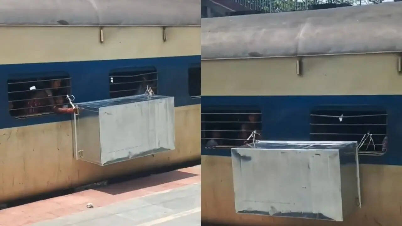 'Yeh Bihar hai': Huge metal box dangles from train window in viral ...