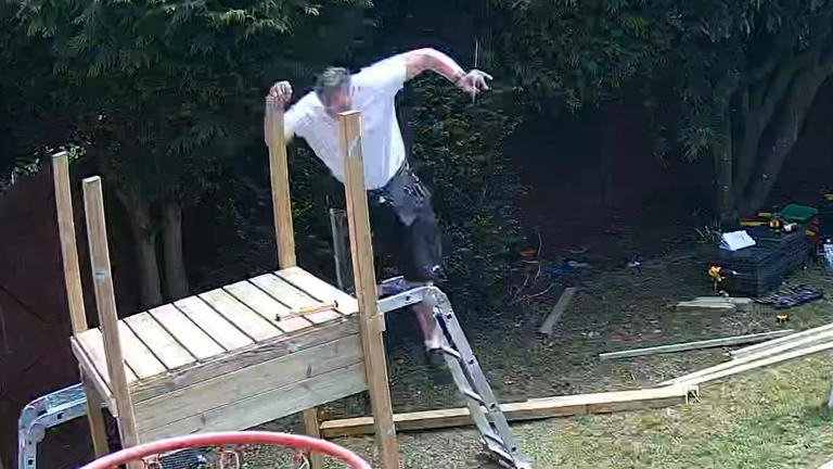 Watch dad fall through ladder during DIY attempt