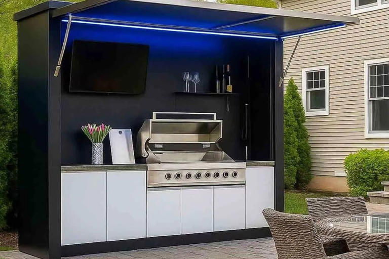 Amazon is selling an outdoor kitchen with a retractable roof, sink, and ...