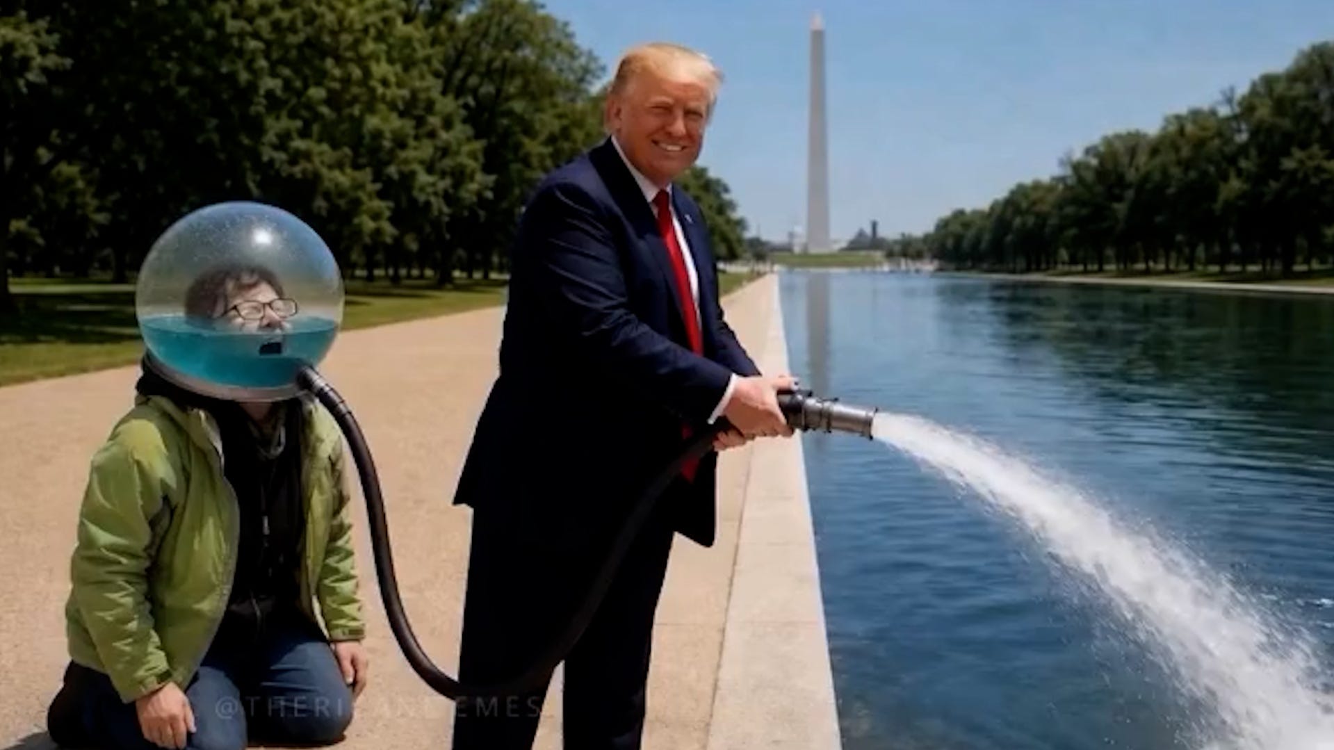 Trump taunts critics as water flows back into reflecting pool