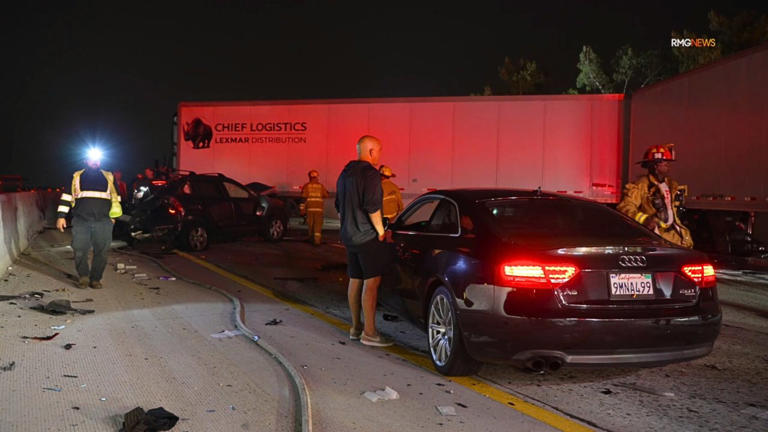 Sylmar crash leaves big rig dangling, closes eastbound 210 Freeway