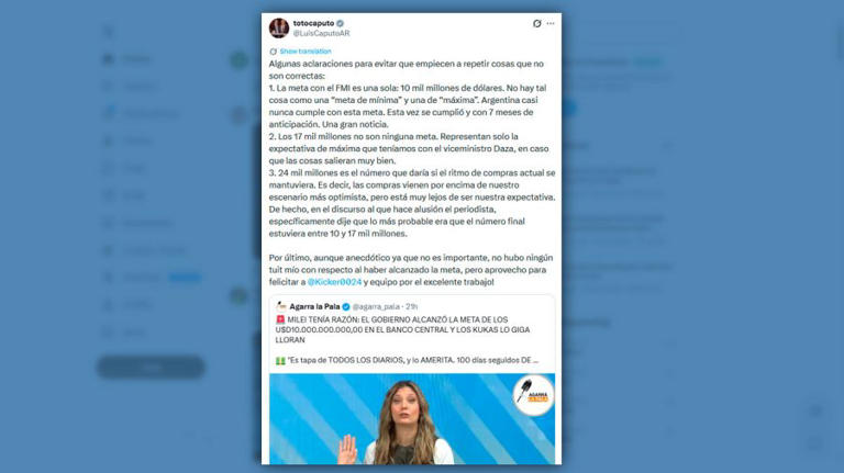 Luis Caputo salió a aclarar los números de las reservas del BCRA: "La ...