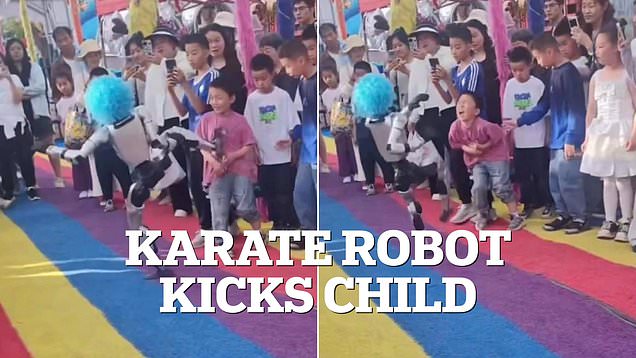 Out-of-control robot kicks a child while performing martial arts
