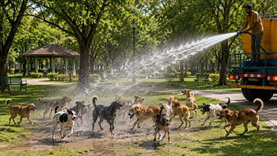 Much-needed relief: Water truck stops in heatwave to spray on stray dogs