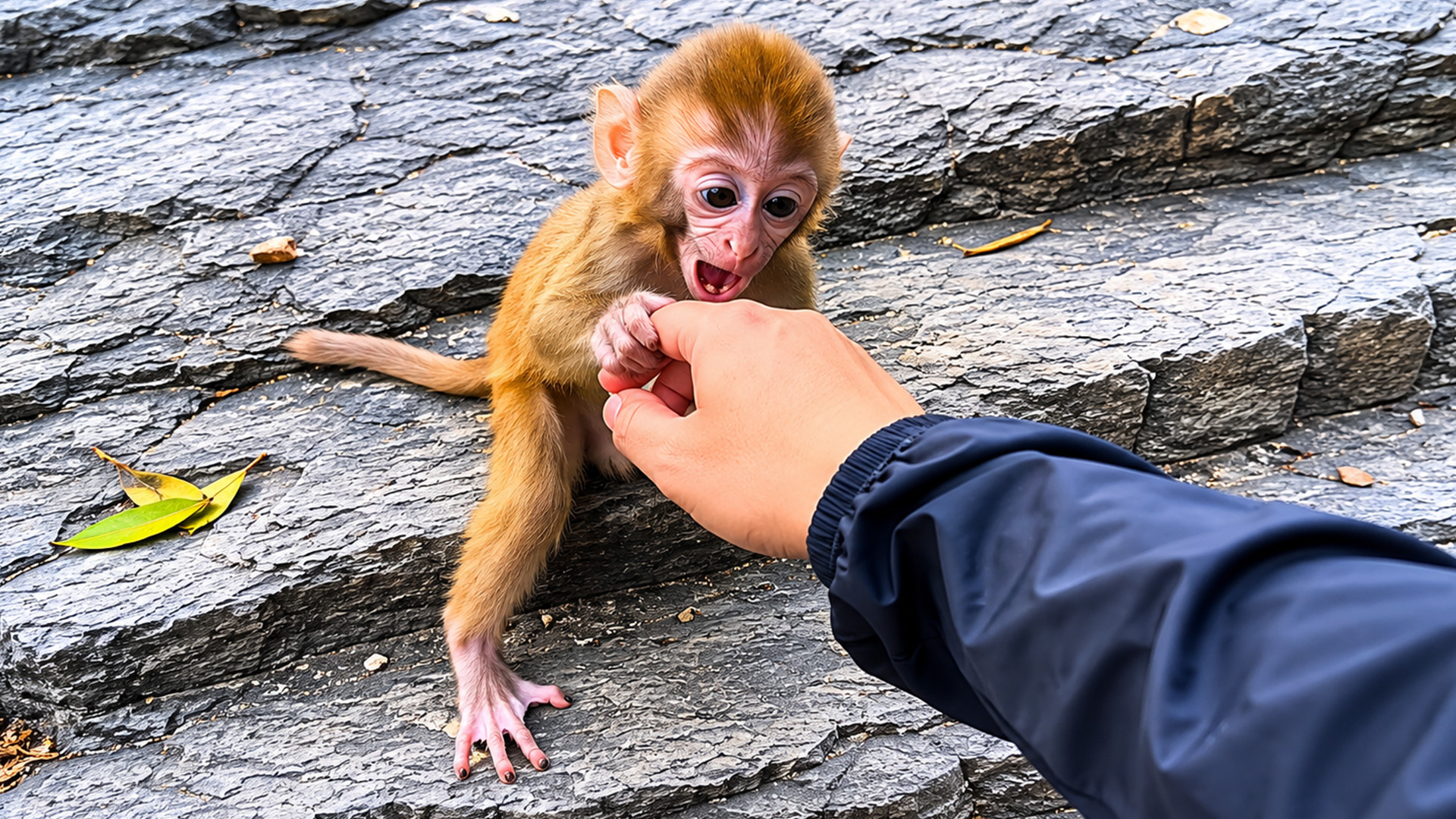 A tiny monkey reaches out for friendship and trust