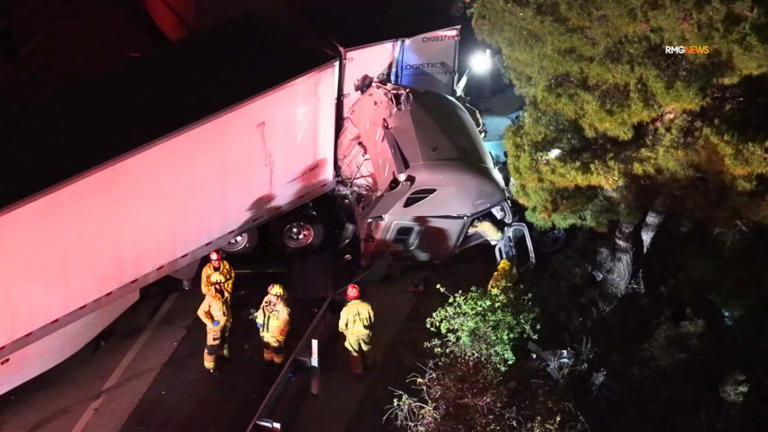 Sylmar crash leaves big rig dangling, closes eastbound 210 Freeway