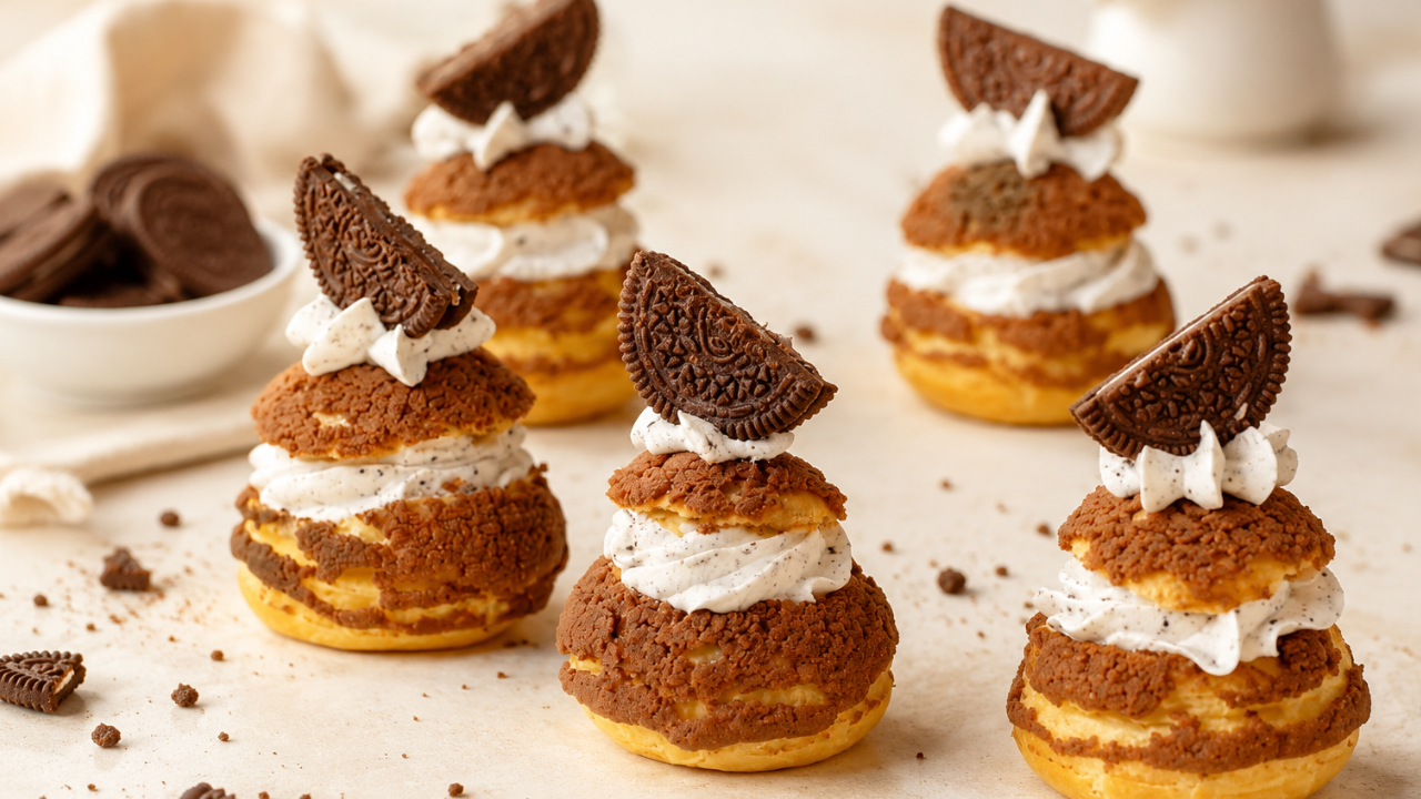 Cookies and cream filled choux pastries