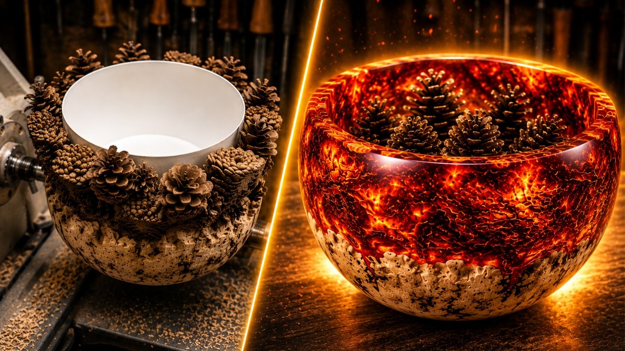 From burl to fire! Turning pine cones into a fiery resin bowl
