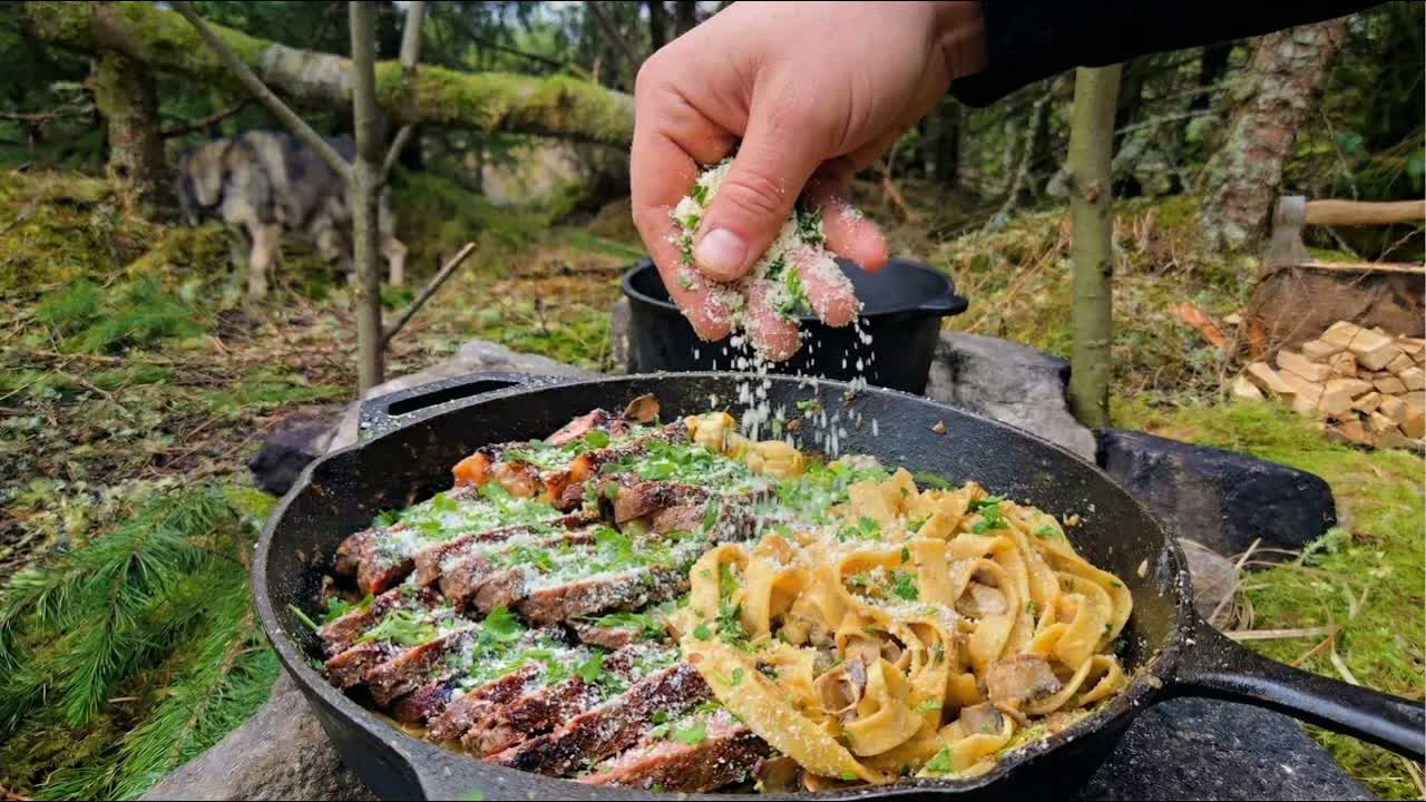 Watch how this forest steak pasta comes together deep in the woods