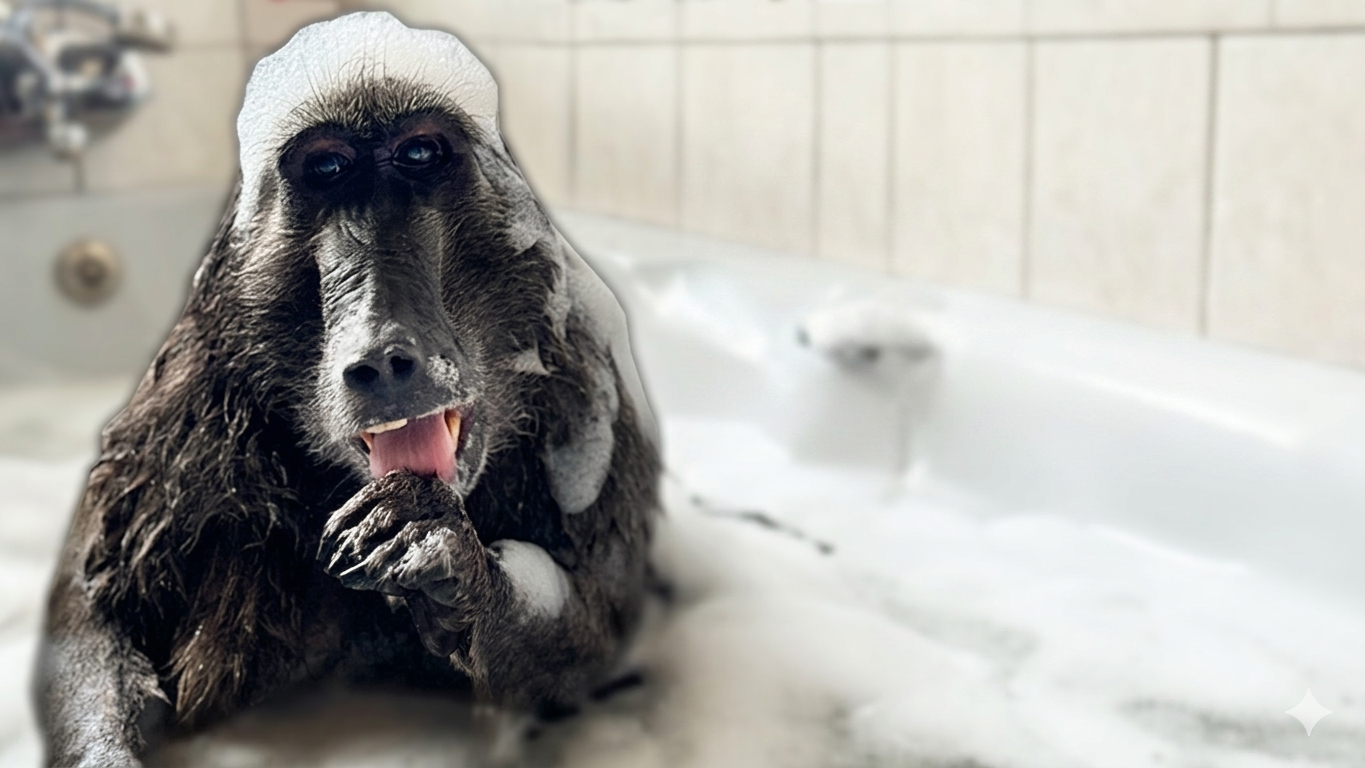 Bathing Cindy the baboon