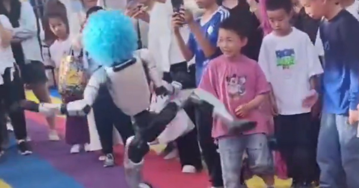 Chinese robot in clown wig roundhouse kicks child in viral video