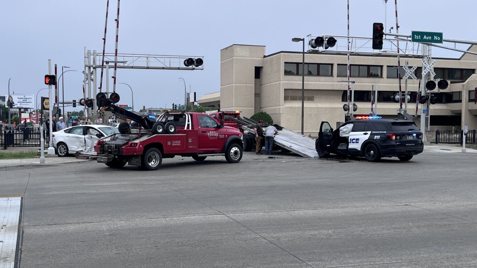 Collision involving police squad car at Moorhead intersection