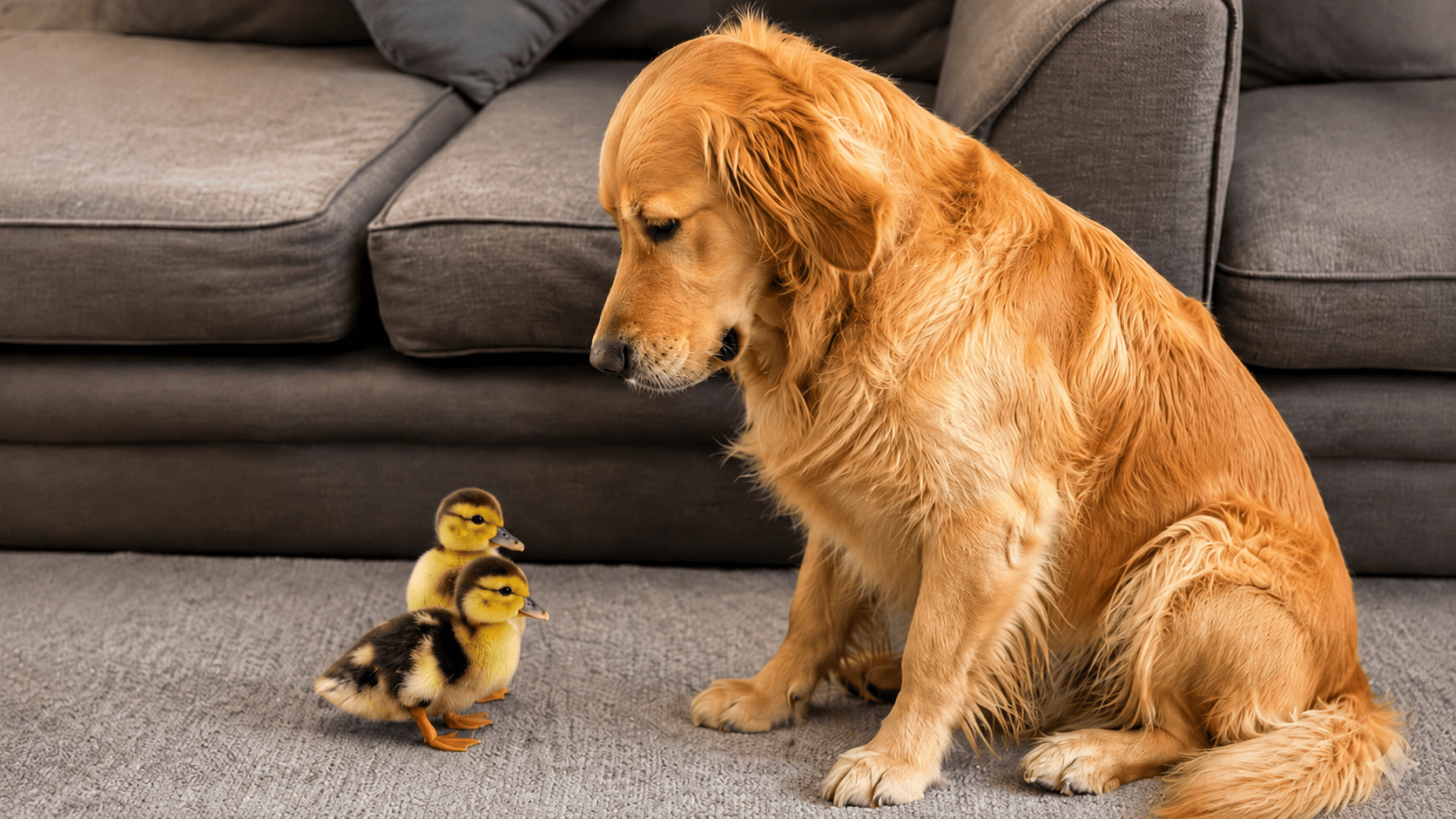 Golden retriever meets baby ducks for the first time