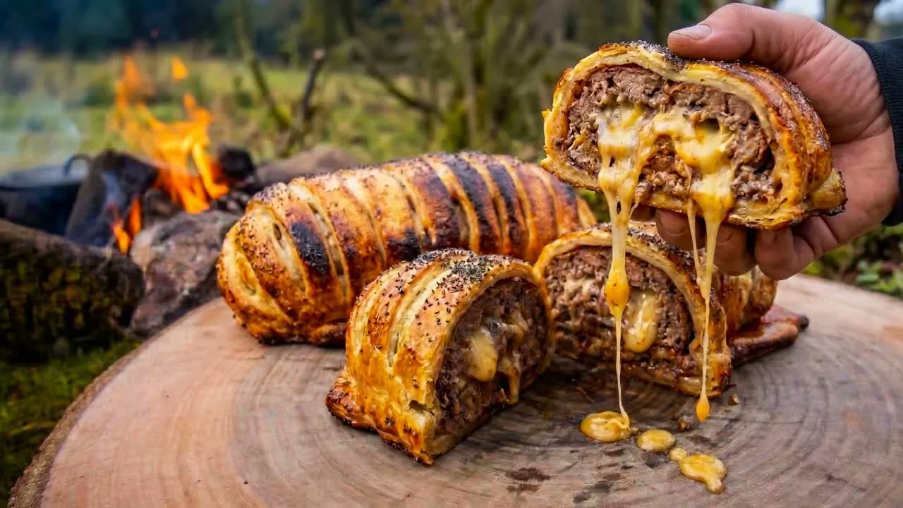Watch how this giant stuffed meatloaf wrapped in dough comes together ...