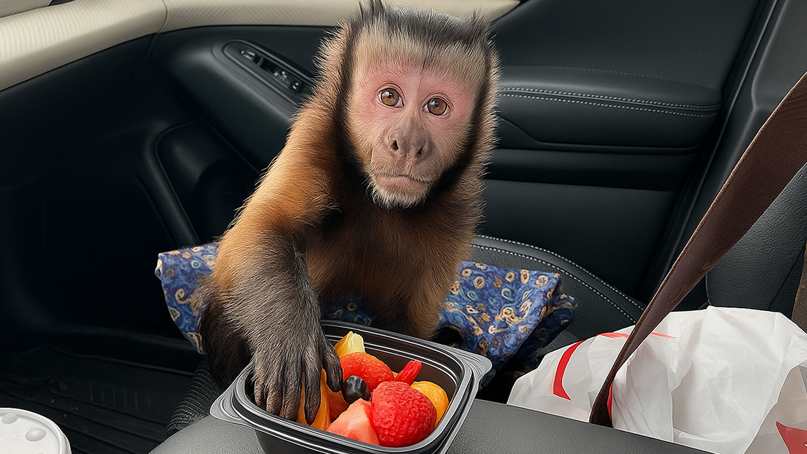 Monkey eating fruit inside a car