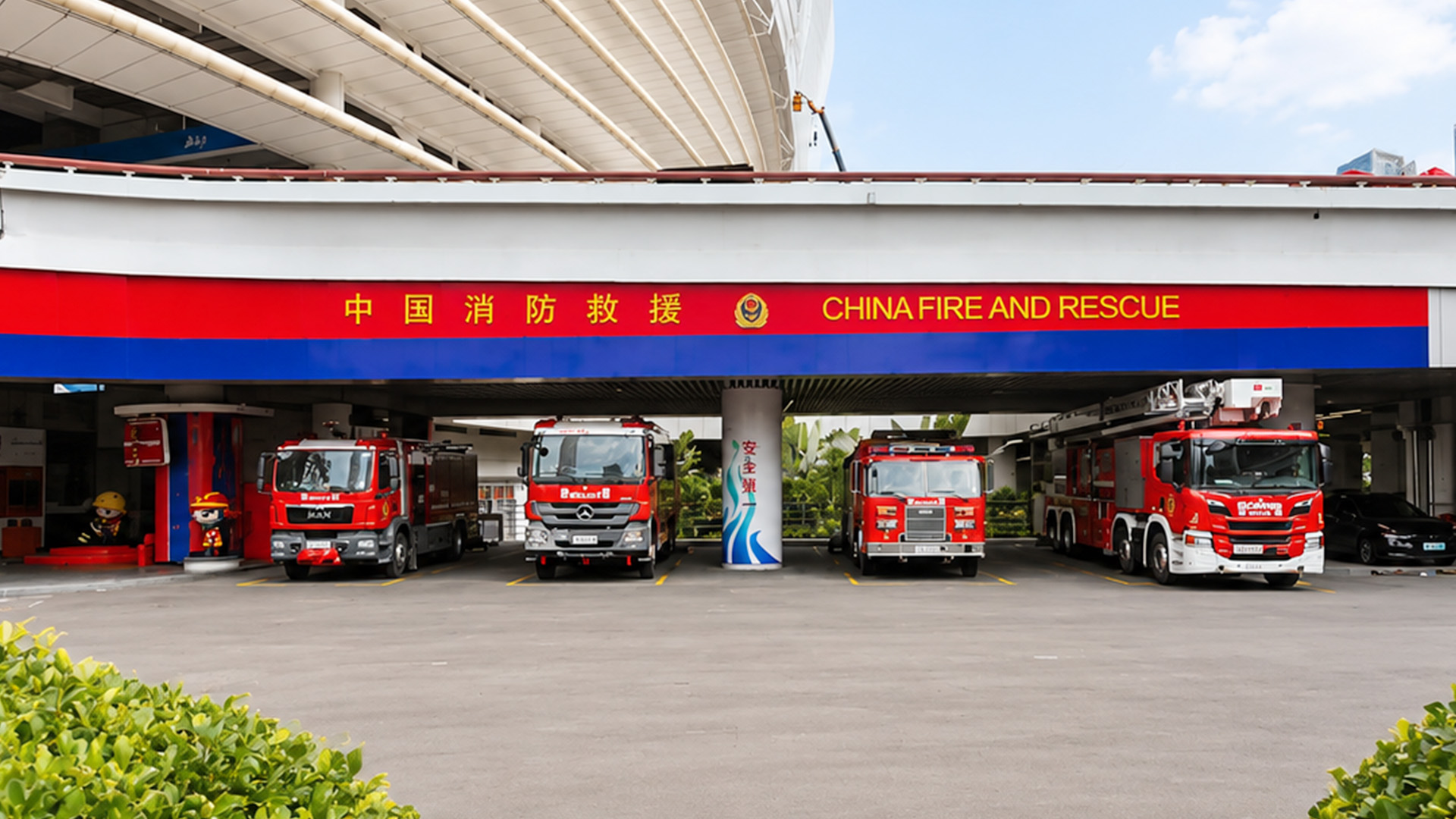 Fire trucks line up beneath a busy new town landmark
