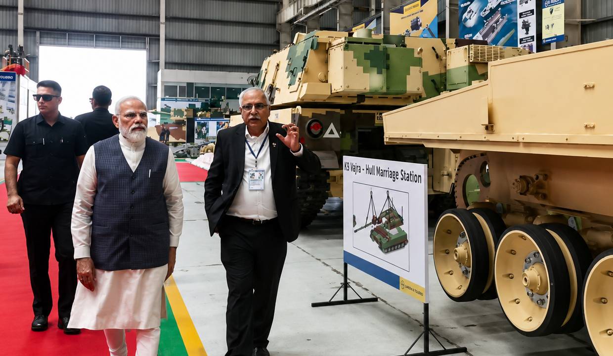 PM Modi visits L&T Hazira facility, reviews Zorawar tank and key ...