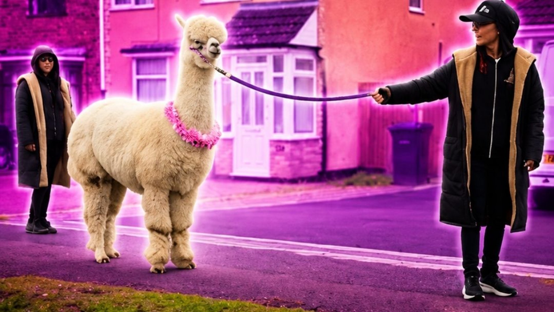 The driver spots an alpaca strolling down the roadside during her commute