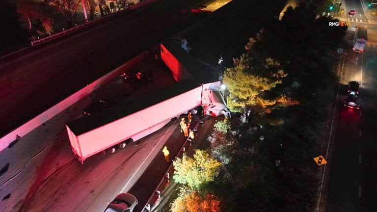 Sylmar crash leaves big rig dangling, closes eastbound 210 Freeway