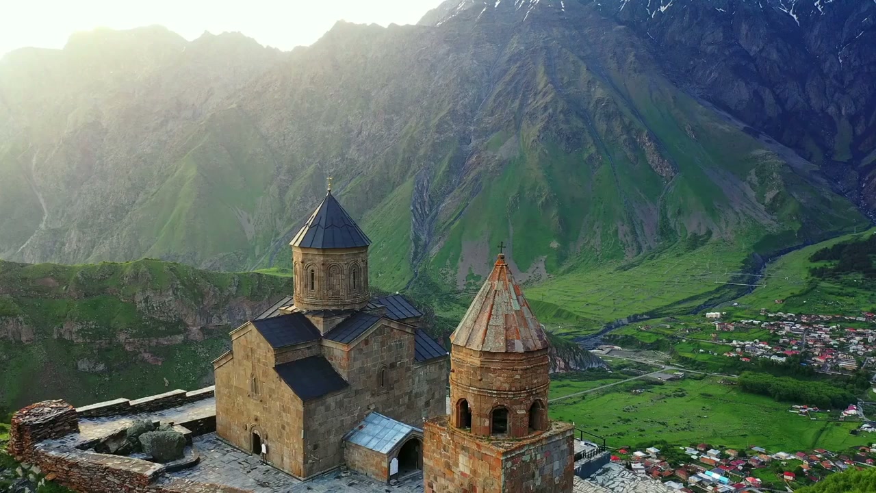 Gergeti Trinity Church, Georgia: Drone views of Kazbegi peaks