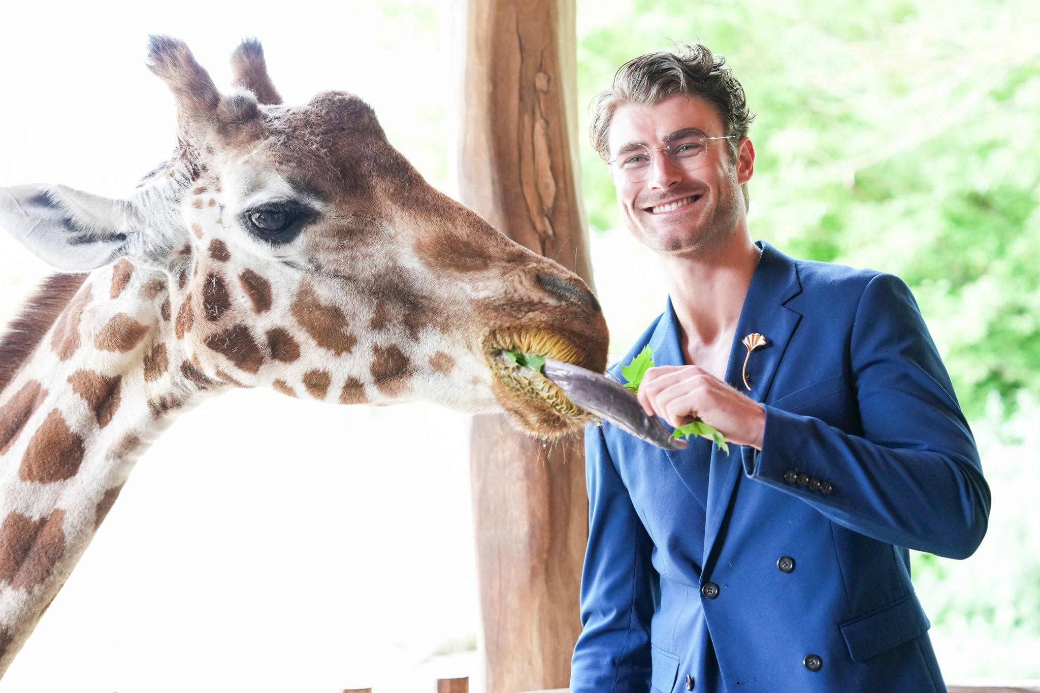 Begegnung auf Augenhöhe: Model Linus trifft Giraffe Linus