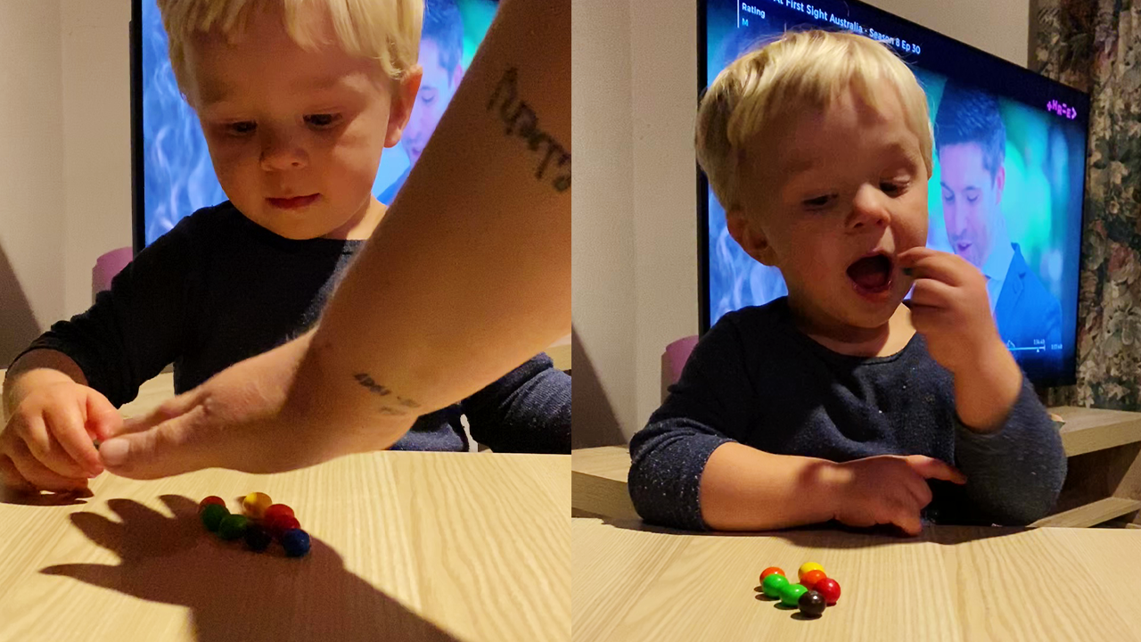 Kid's candy challenge - mom tests toddler's patience with a handful of ...