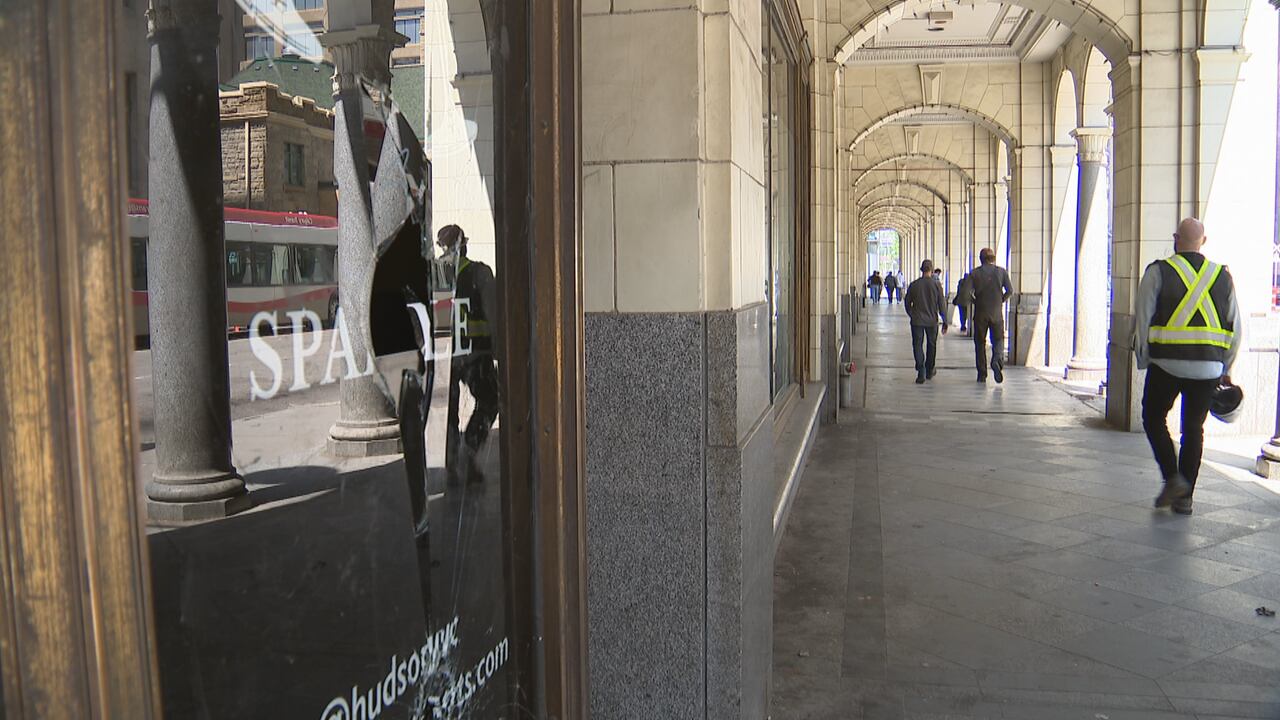 Cracked tiles and broken glass. Former downtown Calgary Hudson's Bay ...