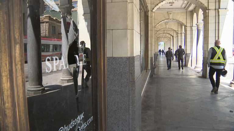 Cracked tiles and broken glass. Former downtown Calgary Hudson's Bay ...