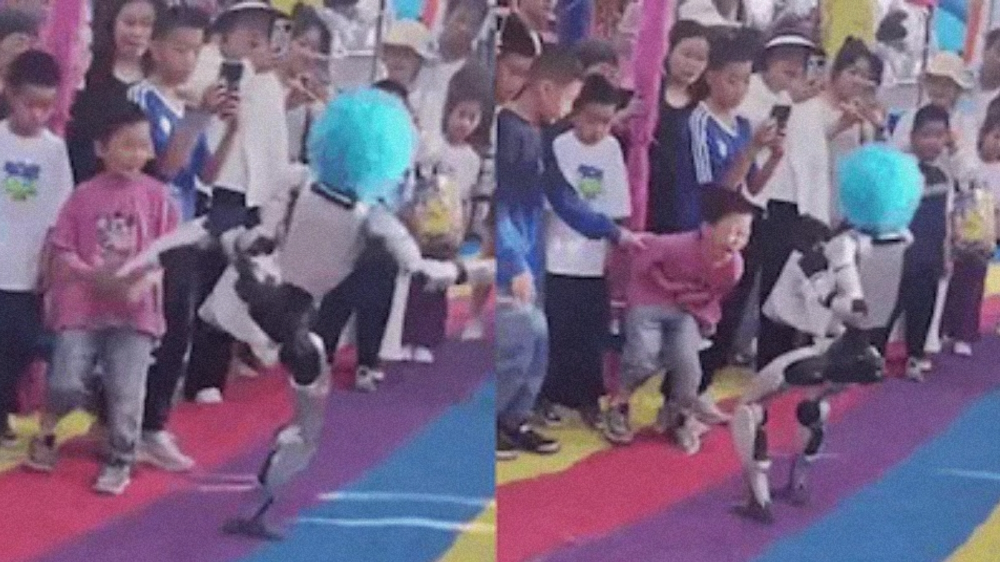 Humanoid robot kicks small child in the stomach during public demonstration