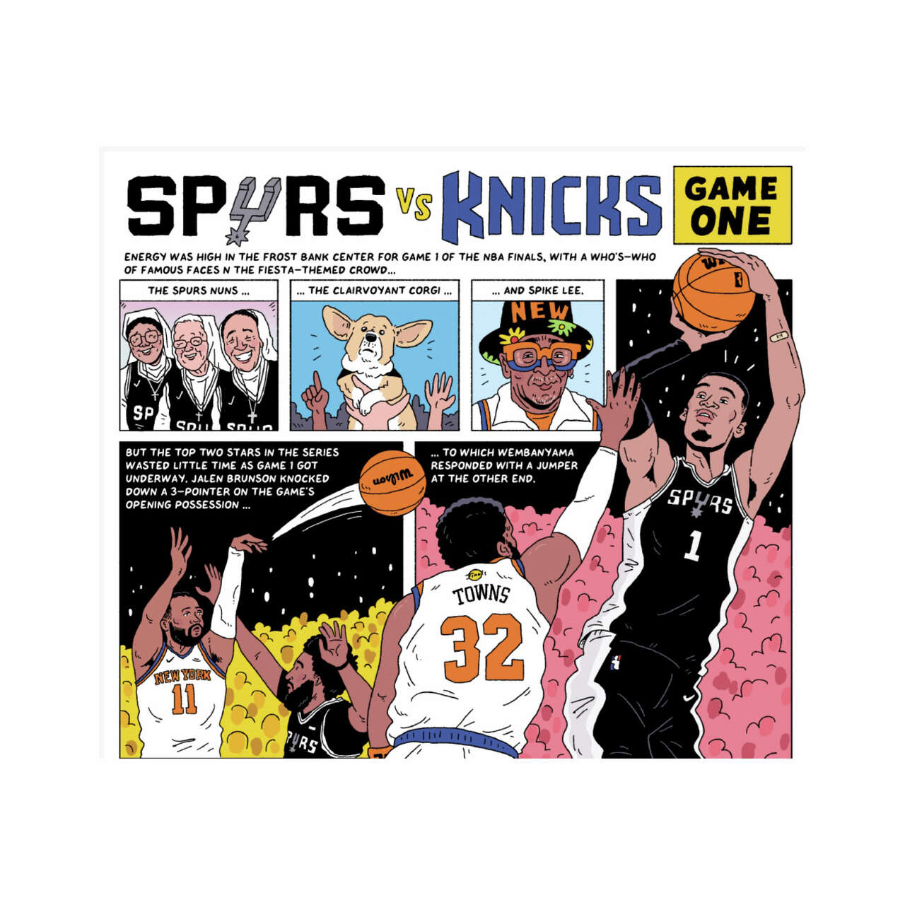 A cartoon treatment of Spurs-Knicks Game 1, featuring nuns, Wemby and ...