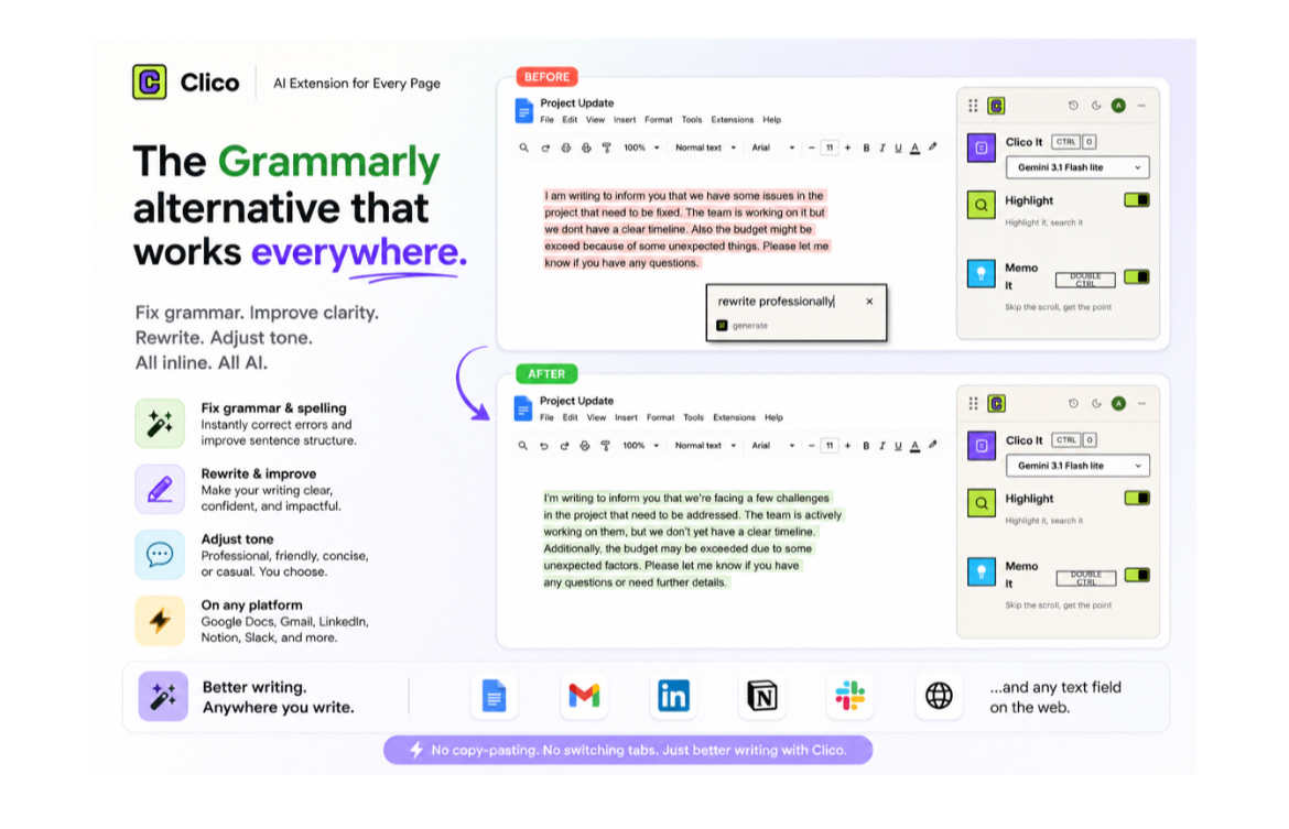 Clico as a powerful Grammarly alternative for smarter writing