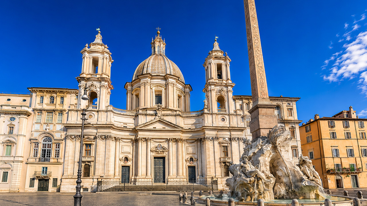 Rome fountain square walk with obelisk and church