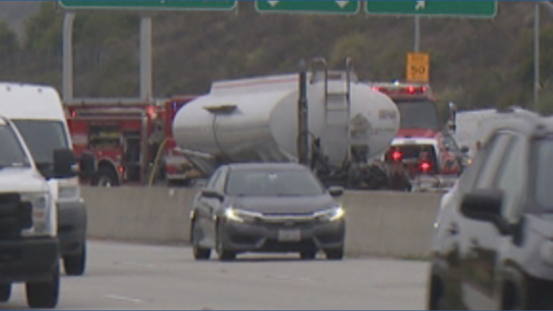 Tanker truck fire stalls traffic on northbound I-5 in Sorrento Valley