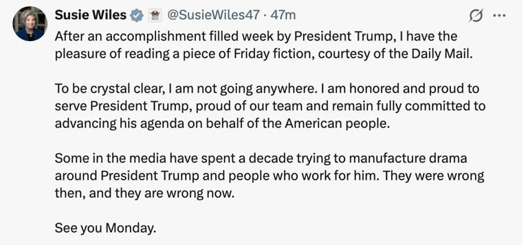 Susie Wiles addresses explosive report she is quitting Trump’s White House