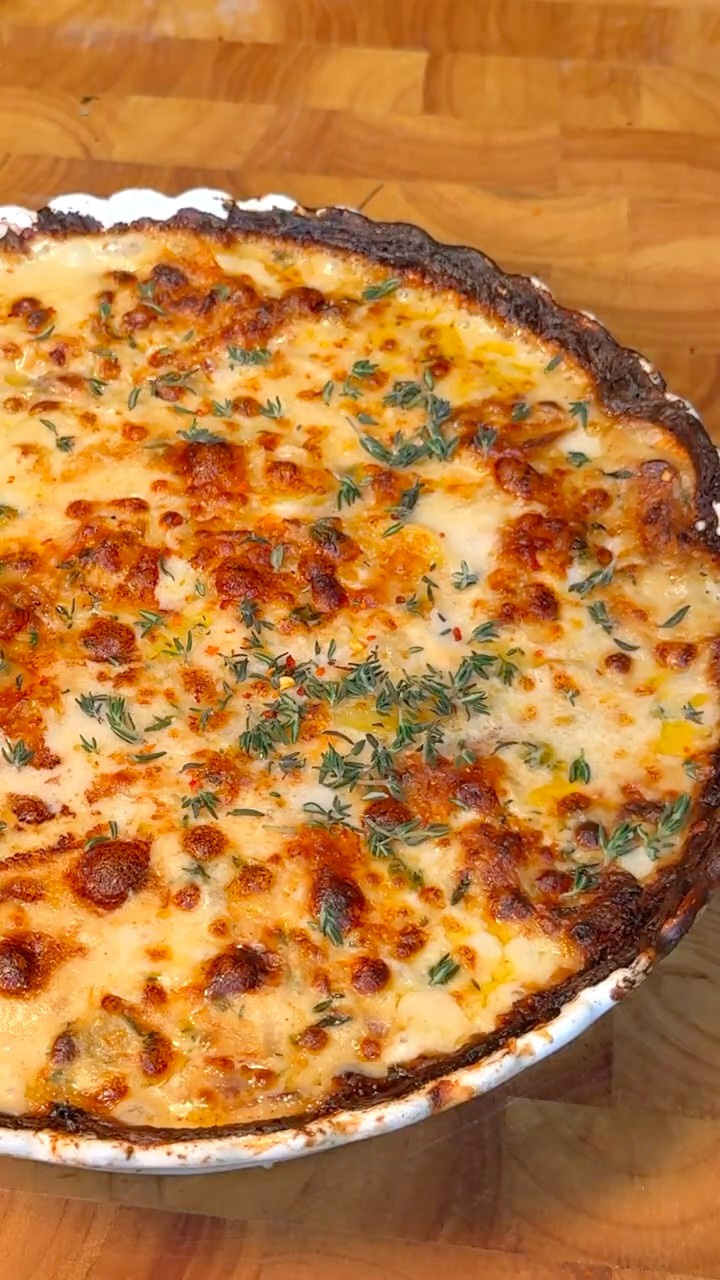 ASMR cooking creamy layered potato gratin with perfect cheese crust