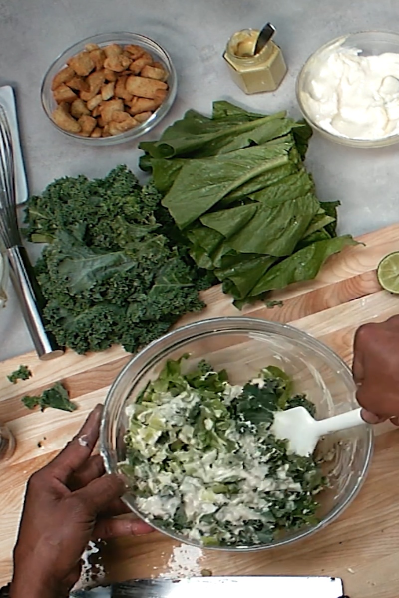 Making pistachio pasta and Caesar salad