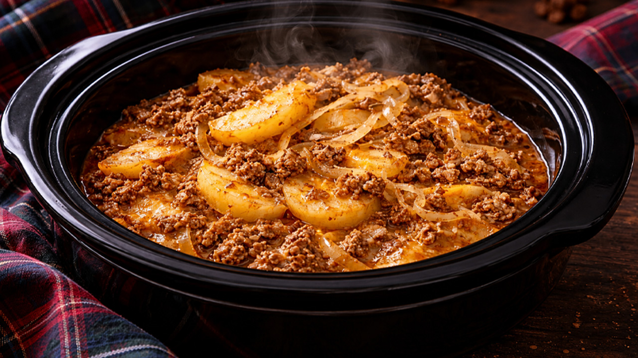 Layered ground beef casserole cooked perfectly in a slow cooker